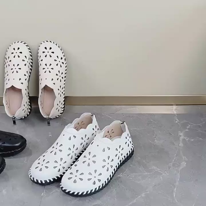 Women's Genuine Leather Flower Pressed Print Flexible Lightweight Sand ...